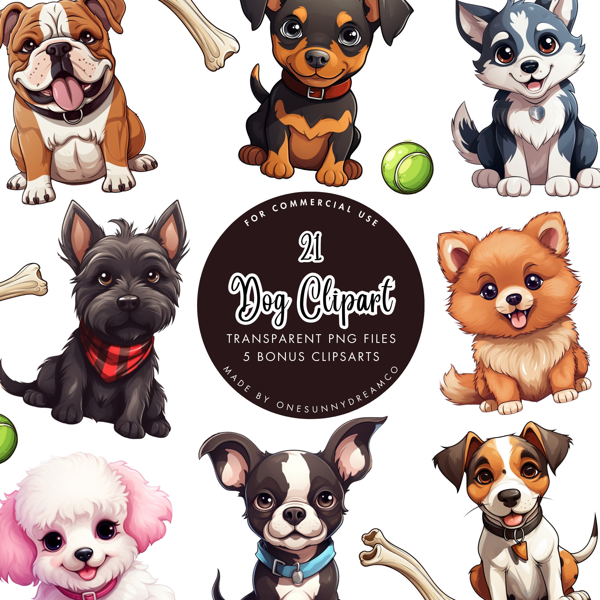 Cartoon Dog Clipart PNG Set, 21 Dog Clip Art, Animal Clipart, Cute Dogs ...