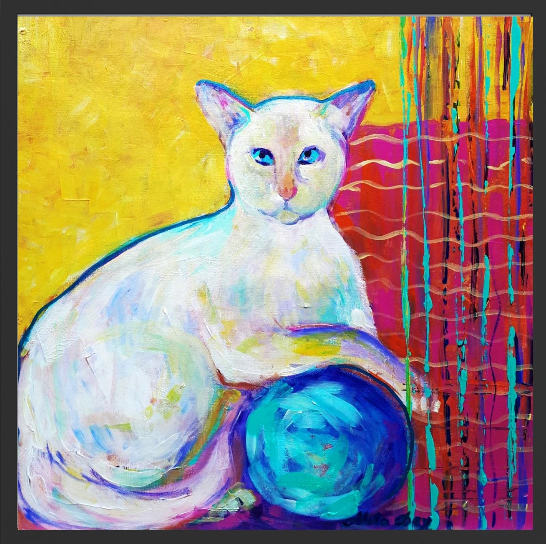 Handmade Acrylic Painting Original Art White Cat Painting With a Cat ...
