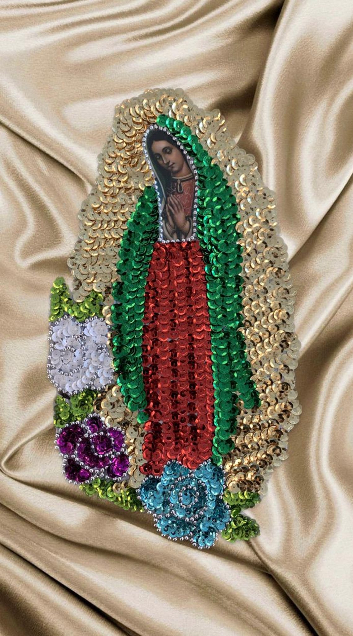 Virgin Mary 3 Rose Sequin Patch, Religious Sequins Patch,, Virgen De ...