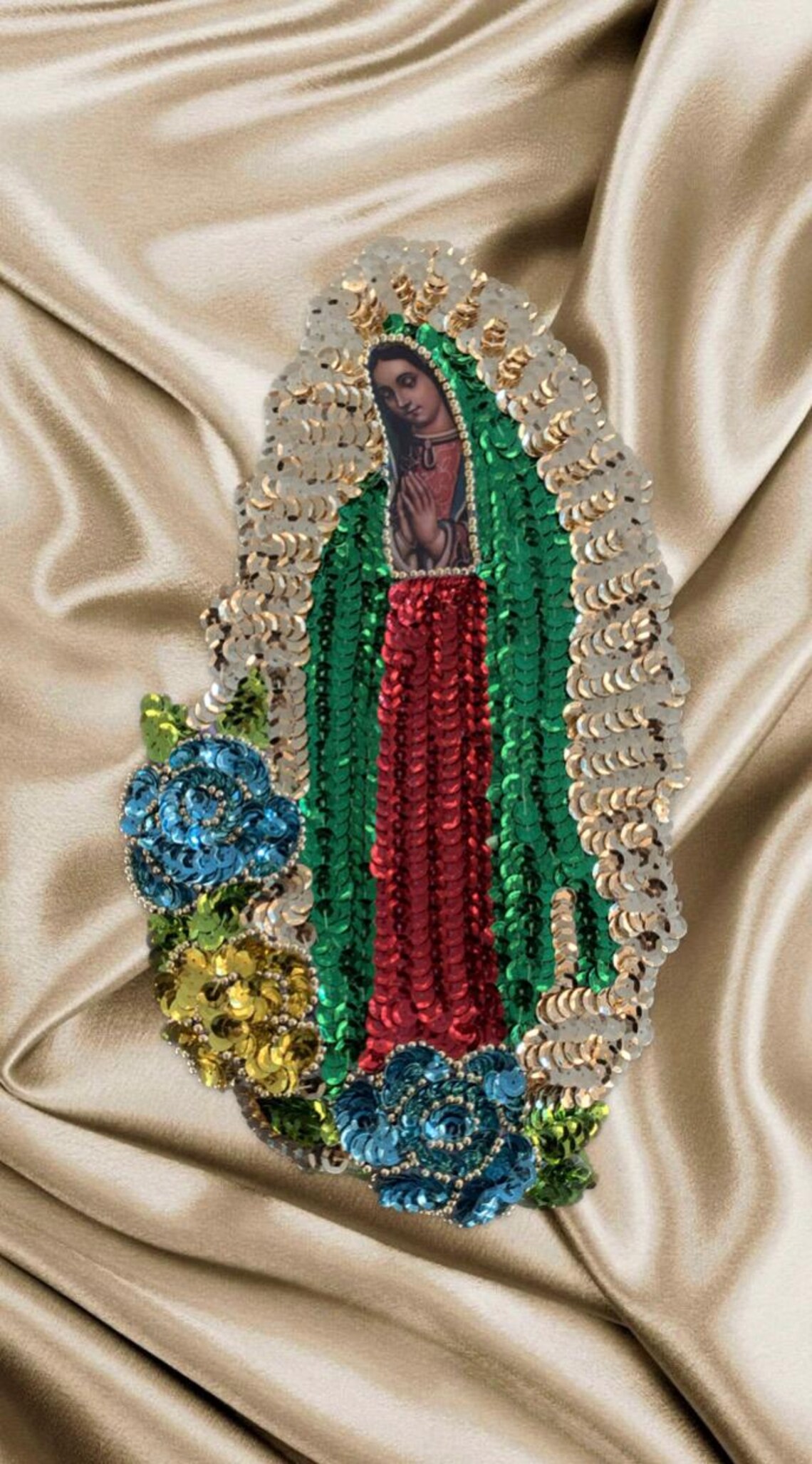 Virgin Mary 3 Rose Sequin Patch, Religious Sequins Patch,, Virgen De Guadalupe, Guadalupana ...