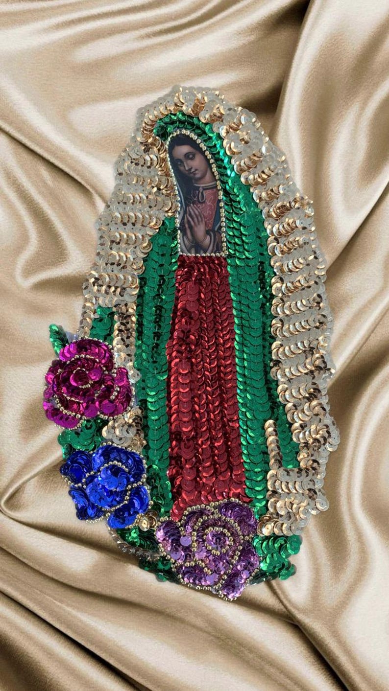 Virgin Mary 3 Rose Sequin Patch, Religious Sequins Patch,, Virgen De ...