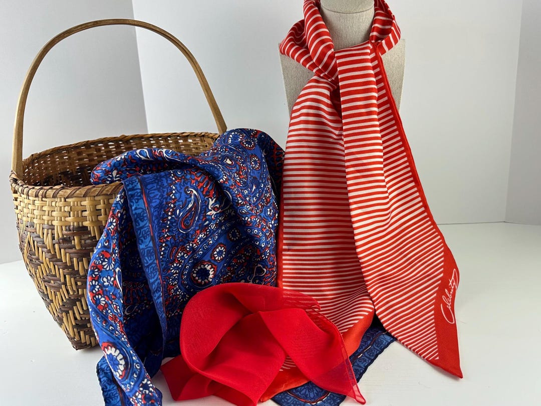 Vintage Scarf Trio Red, White and Blue, Long and Square Scarves ...
