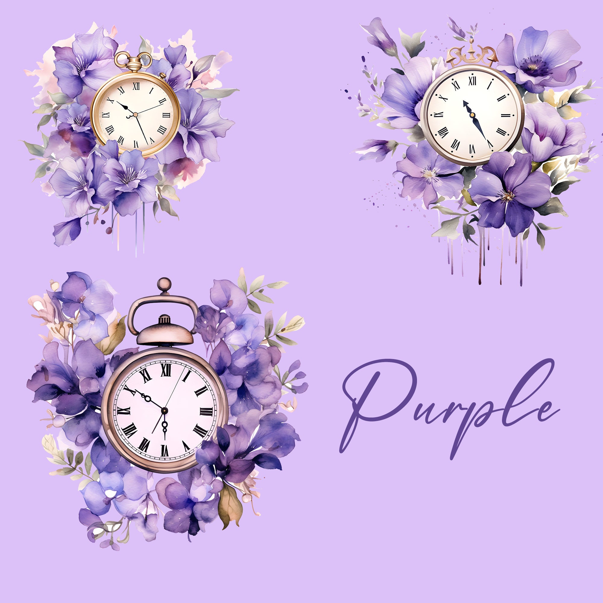 Watercolor Floral Clocks Clipart Bundle Elegant Clocks With Flowers ...