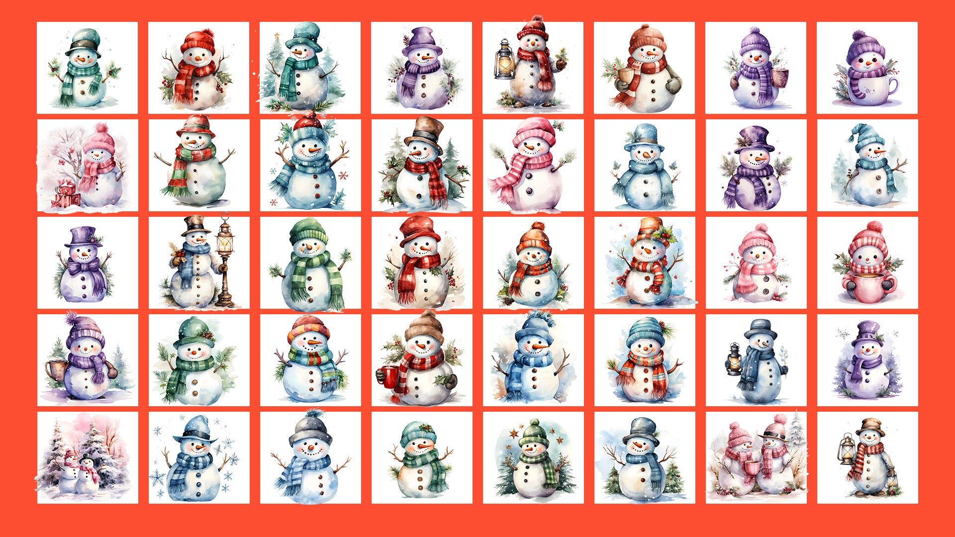 Watercolor Snowmen Clipart Bundle 40 PNG Files Instant Digital Download ...