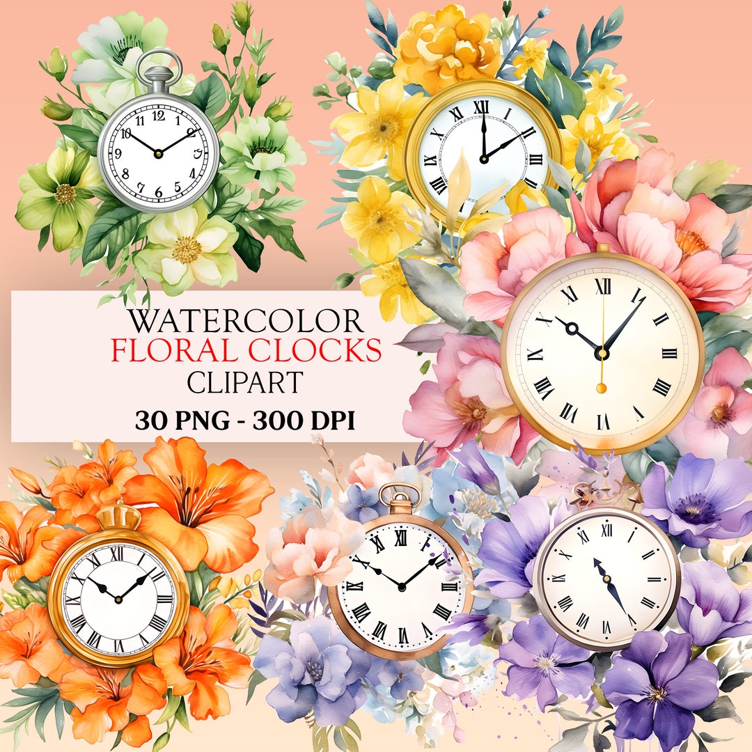 Watercolor Floral Clocks Clipart Bundle Elegant Clocks With Flowers ...