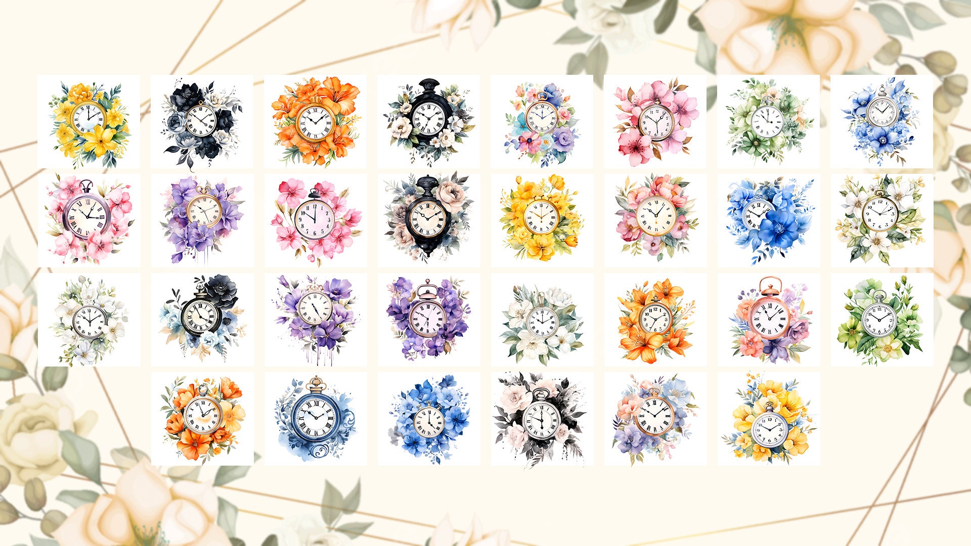 Watercolor Floral Clocks Clipart Bundle Elegant Clocks With Flowers ...