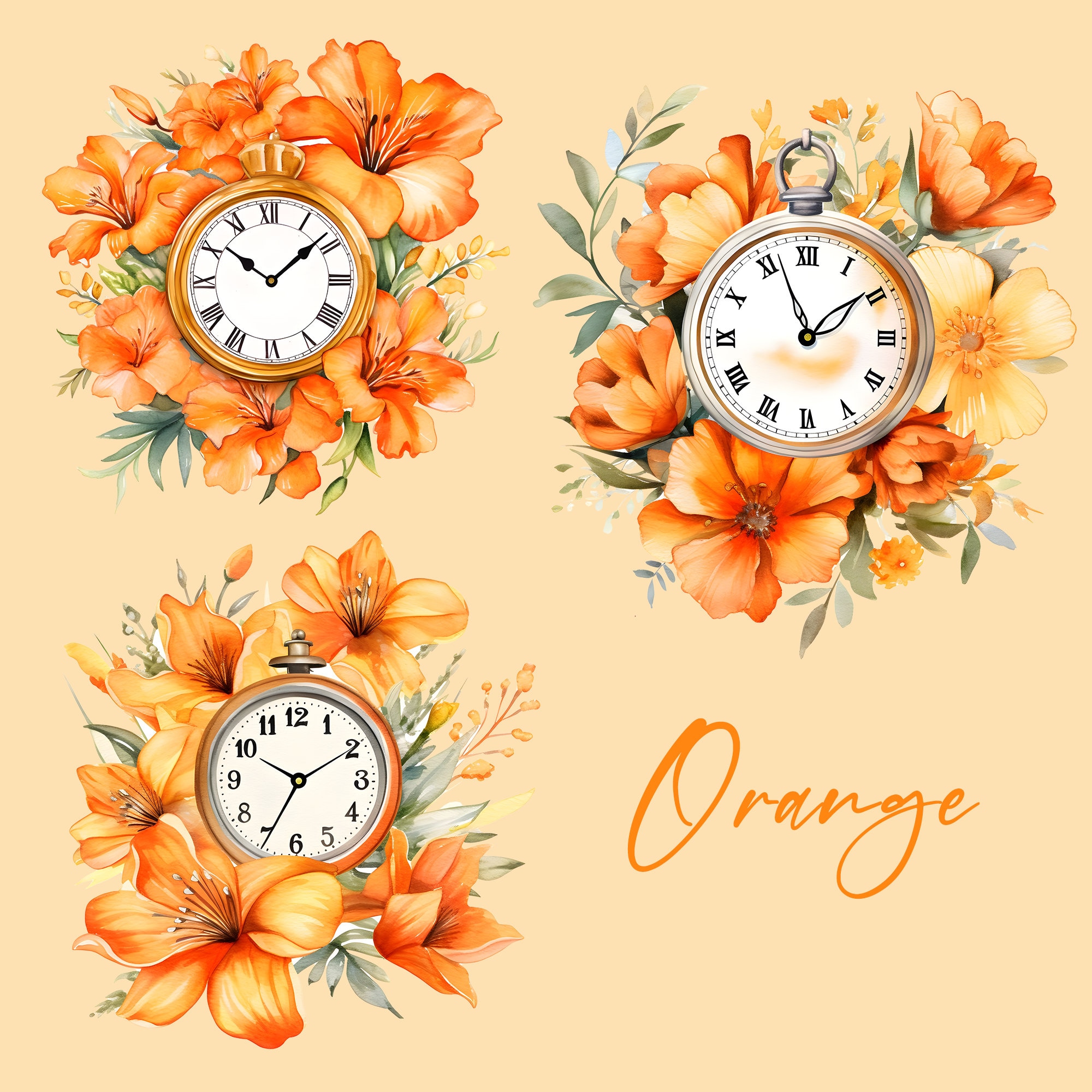 Watercolor Floral Clocks Clipart Bundle Elegant Clocks With Flowers ...