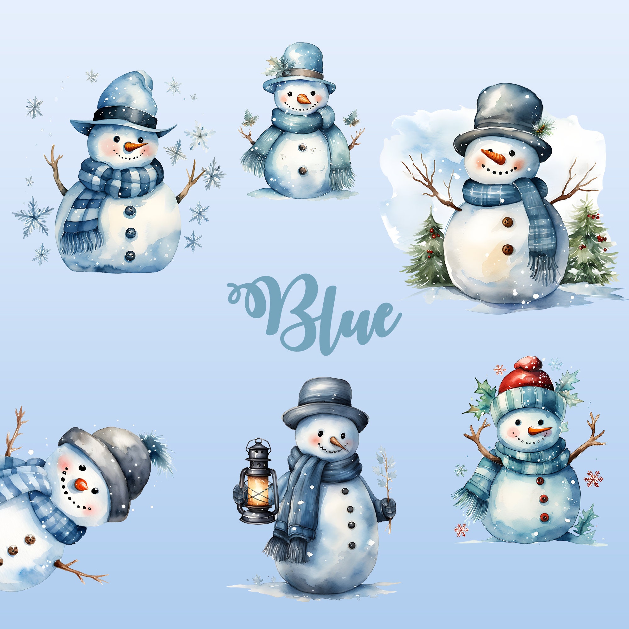 Watercolor Snowmen Clipart Bundle 40 PNG Files Instant Digital Download ...