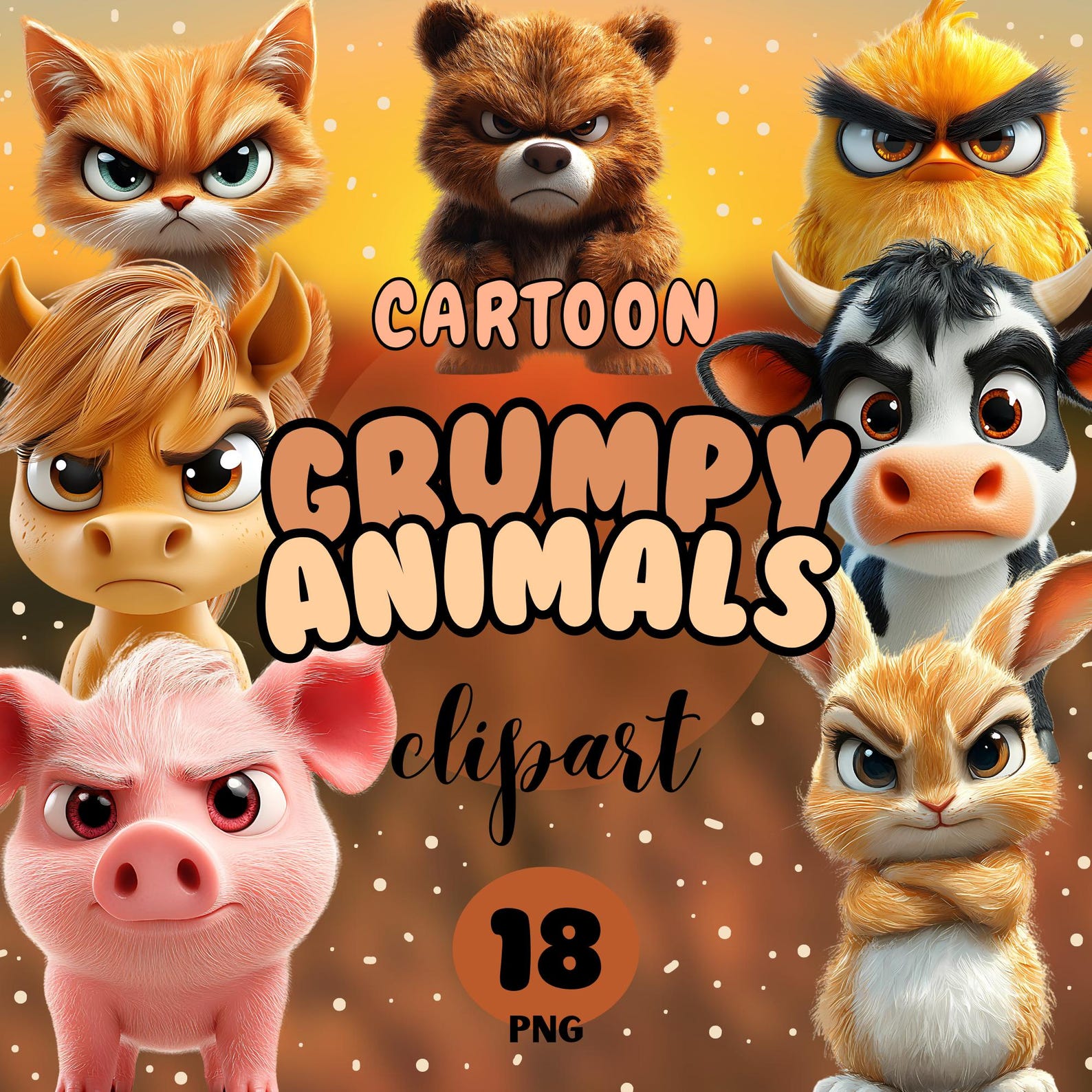 Grumpy Animals Clipart | Cute Cartoon Animals Icons | 18 PNG Files ...