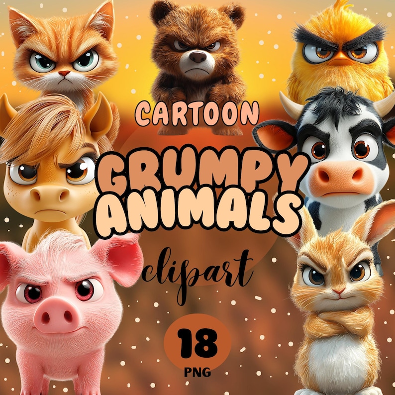 Grumpy Animals Clipart | Cute Cartoon Animals Icons | 18 PNG Files ...