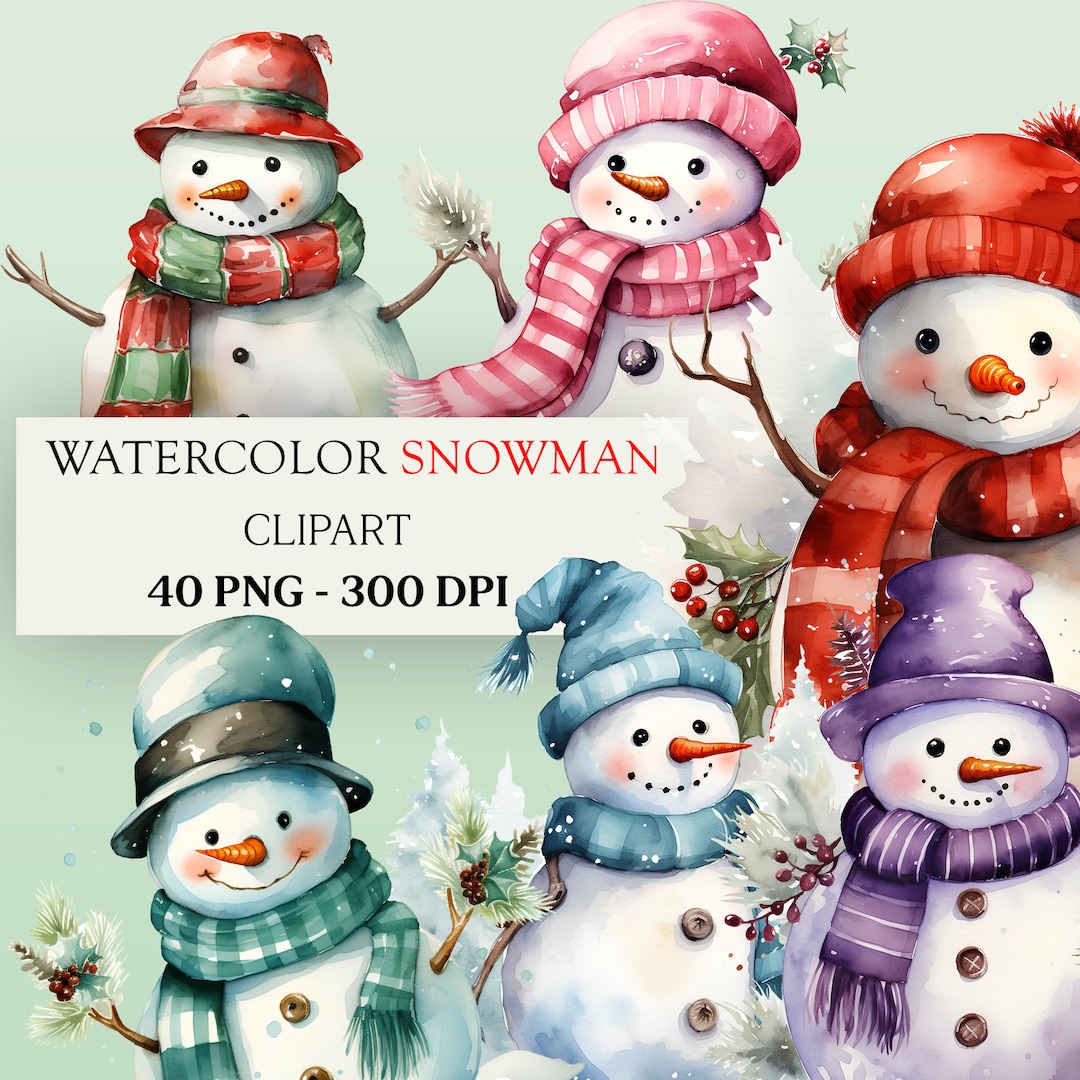 Watercolor Snowmen Clipart Bundle 40 PNG Files Instant Digital Download ...