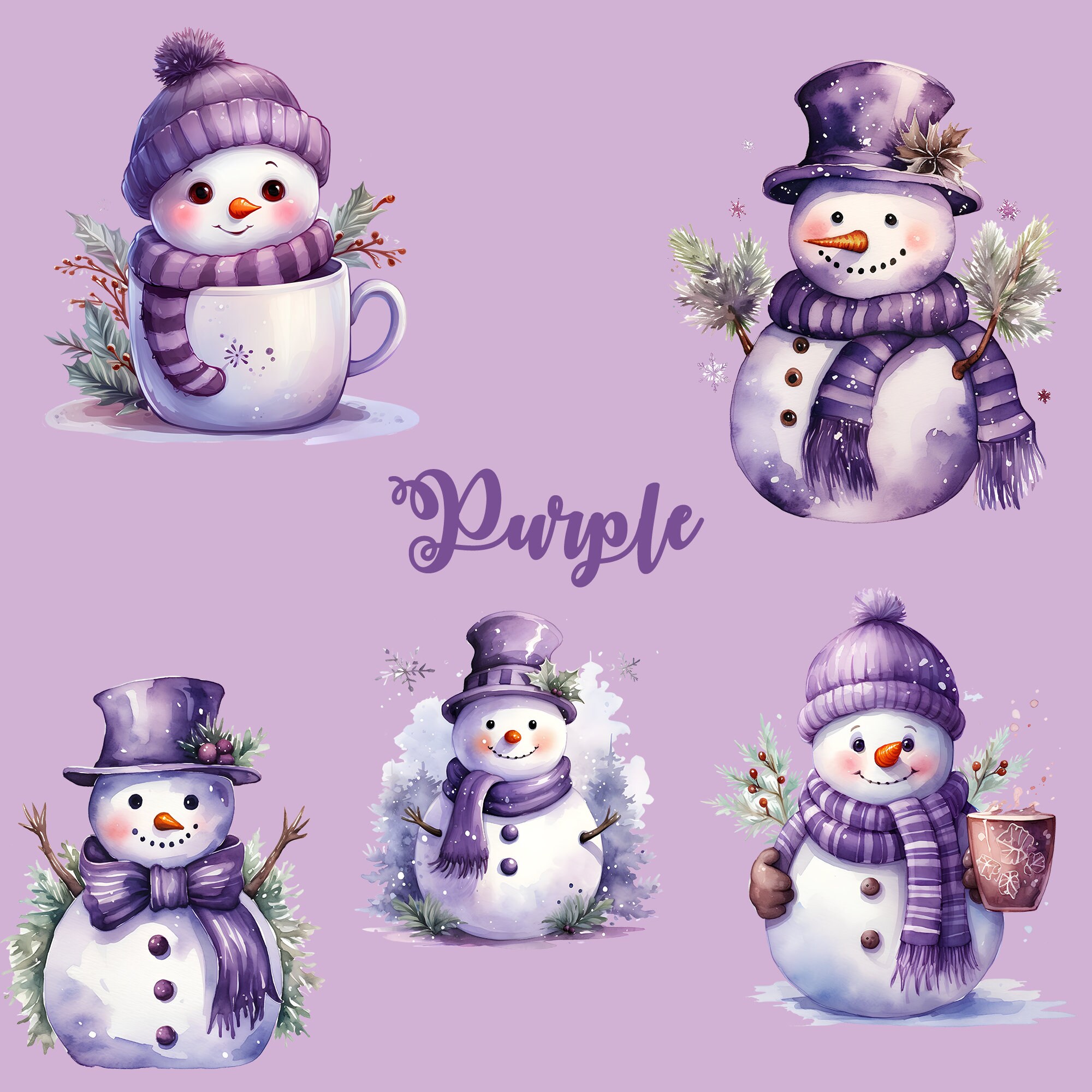 Watercolor Snowmen Clipart Bundle 40 PNG Files Instant Digital Download ...