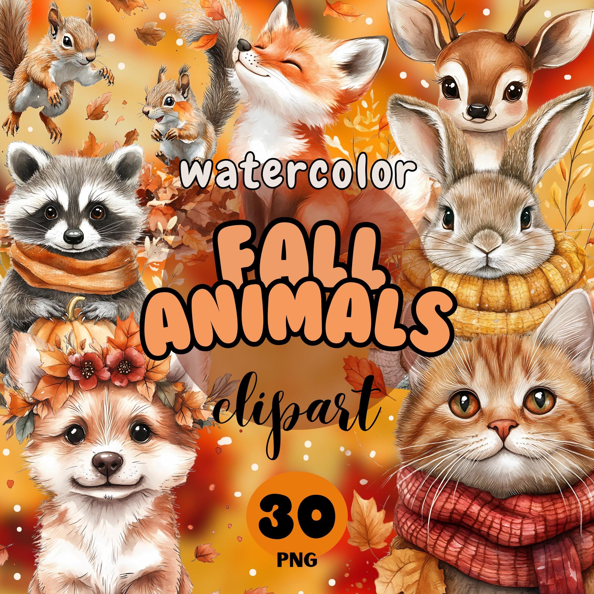 Fall Animals Watercolor Clipart: Autumn PNG Images (commercial Use ...