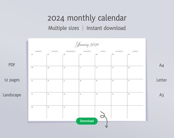 2024 Monthly Planner Minimalist Portrait, 2024 Minimal Black and White ...