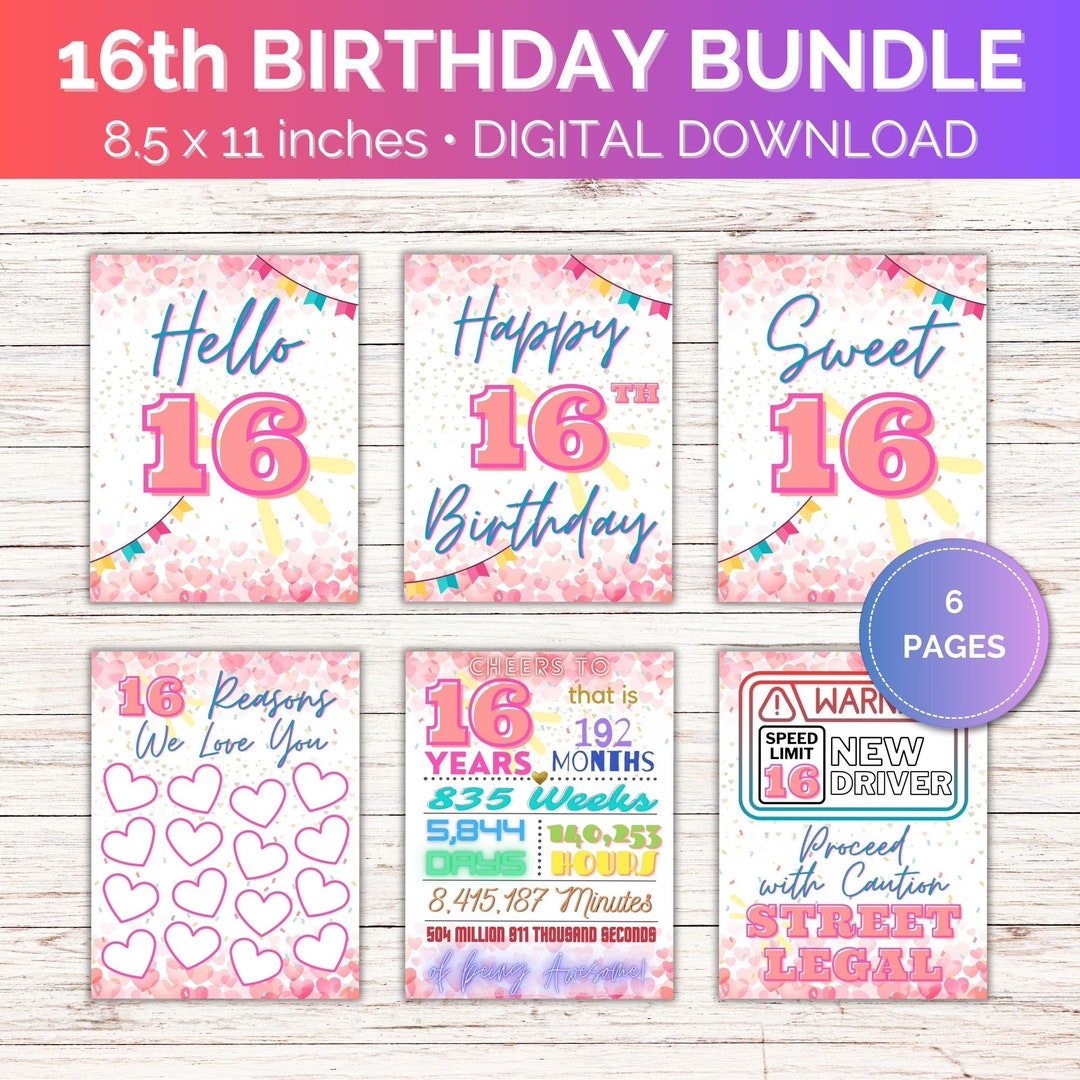 16th Birthday Sign Bundle Pink | Happy 16th Birthday | Hello 16 ...