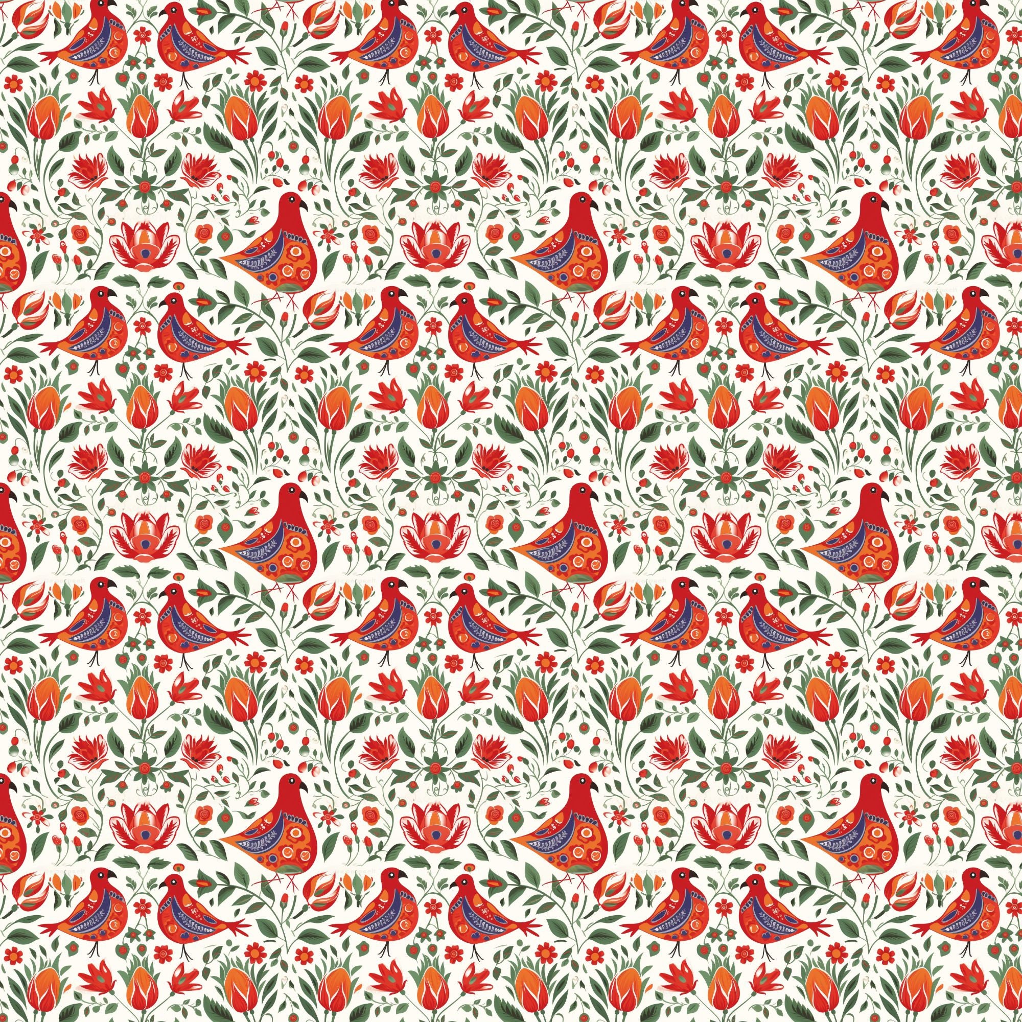 Hungarian Motifs, Tulips, Bird, Paprika, Seamless Digital Floral ...