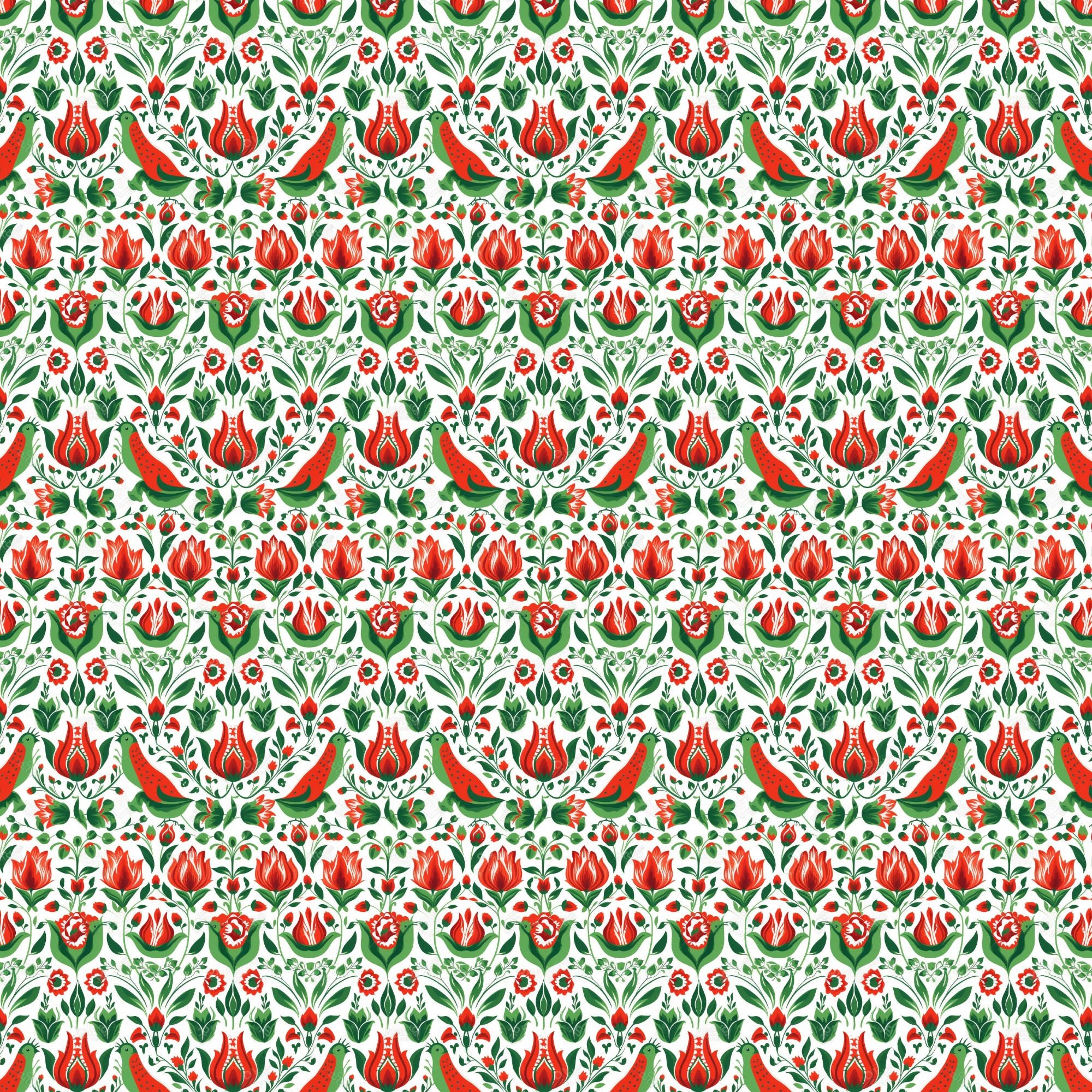 Hungarian Motifs, Tulips, Bird, Paprika, Seamless Digital Floral ...