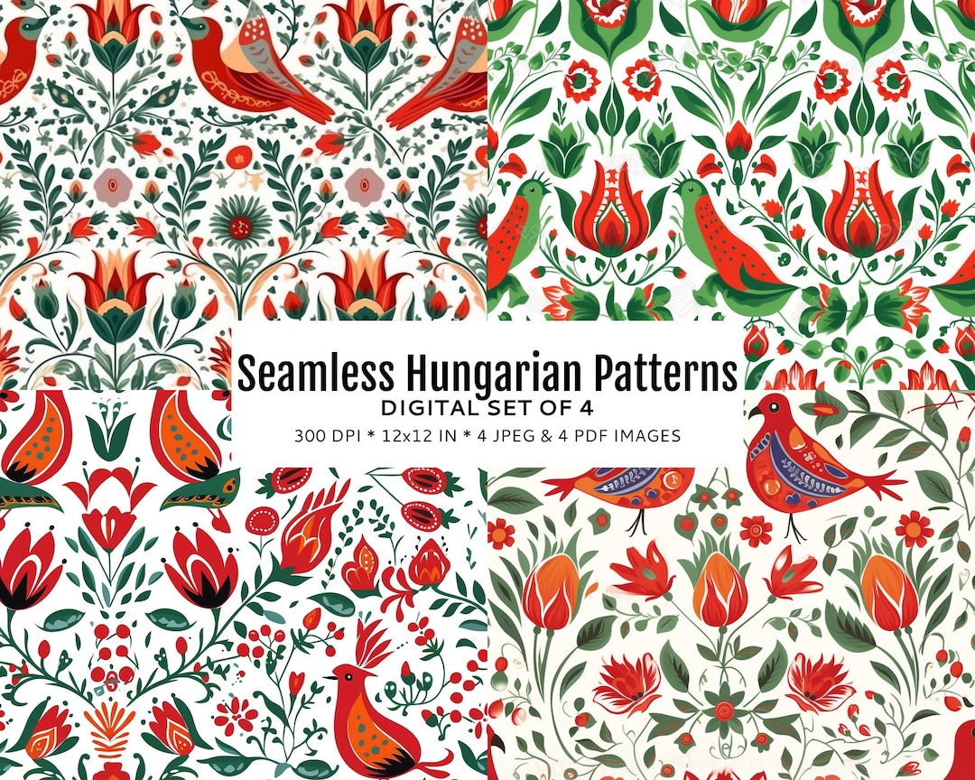 Hungarian Motifs, Tulips, Bird, Paprika, Seamless Digital Floral ...