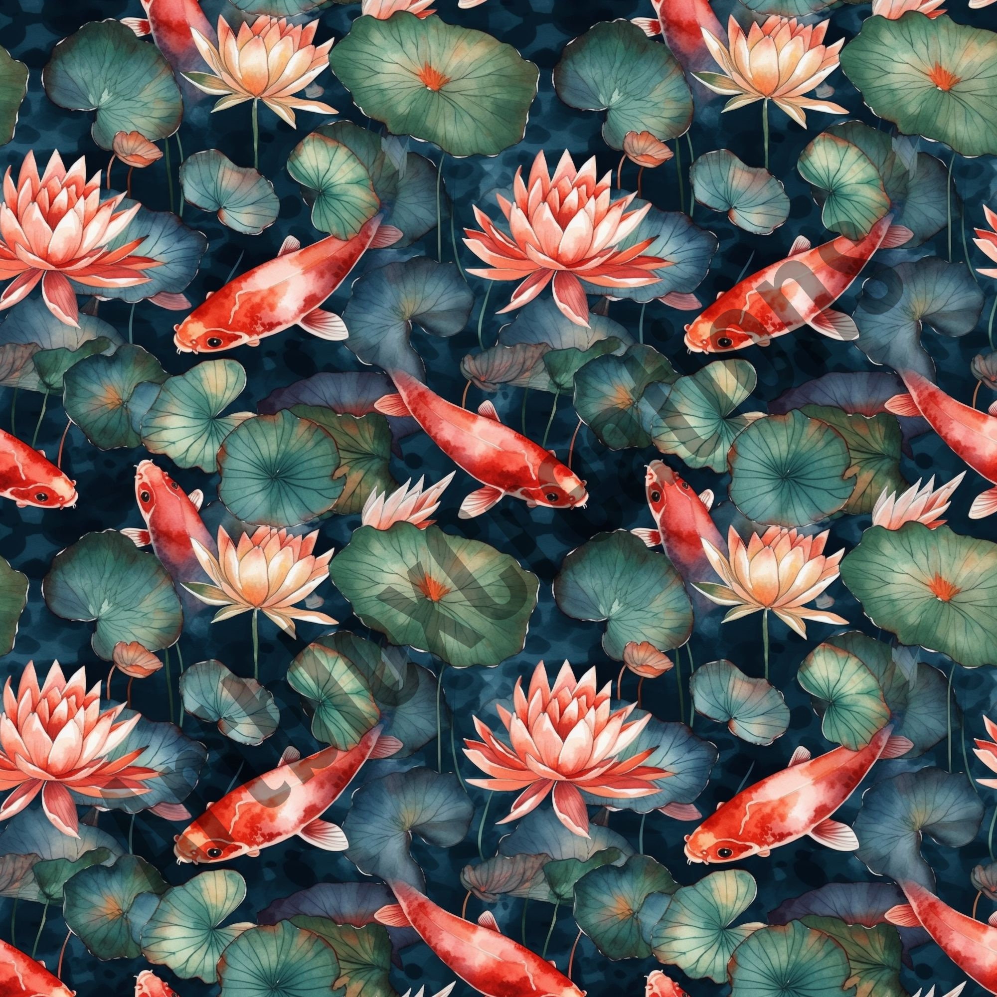 Koi Fish and Water Lilly Pattern, Seamless Printable Koi Fish Pattern ...