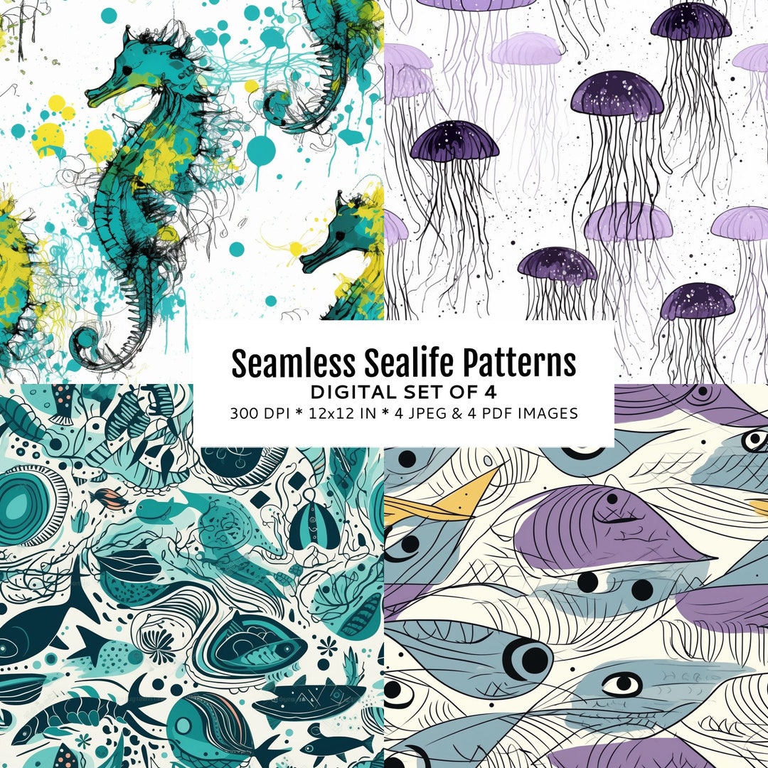 Jellyfish, Seahorse, Sea Creatures, Fishes, Seamless Digital Sea Life ...