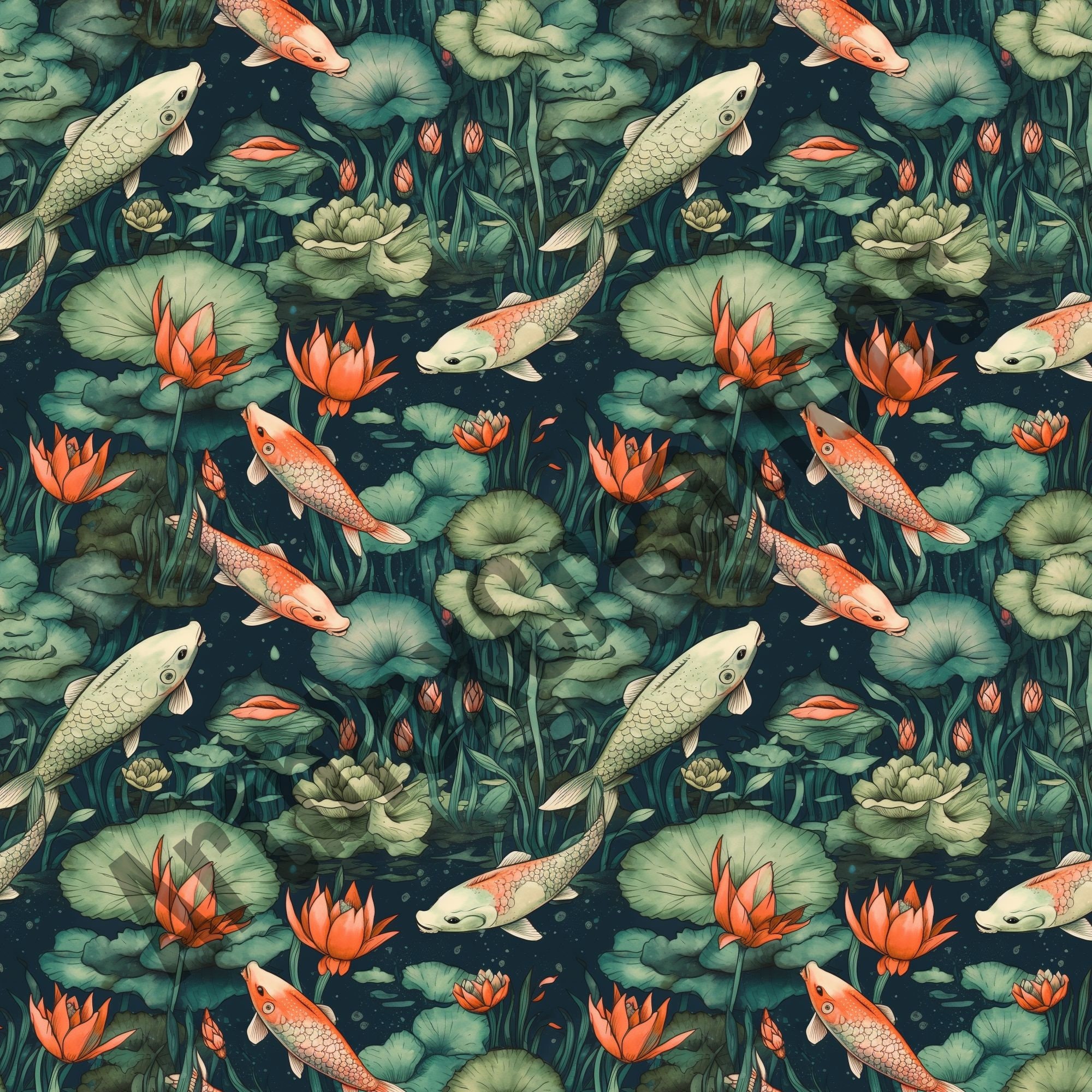Koi Fish and Water Lilly Pattern, Seamless Printable Koi Fish Pattern ...