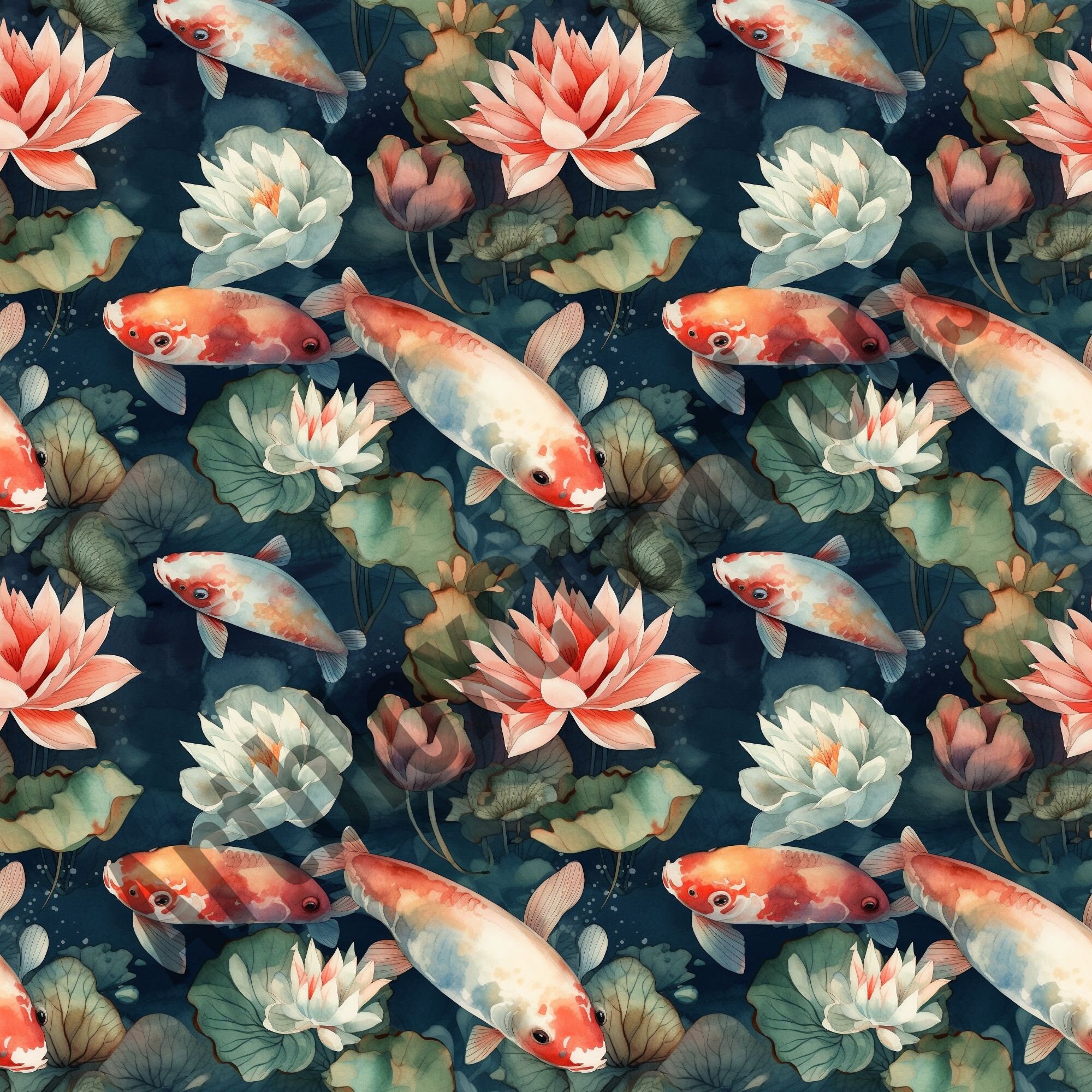 Koi Fish and Water Lilly Pattern, Seamless Printable Koi Fish Pattern ...