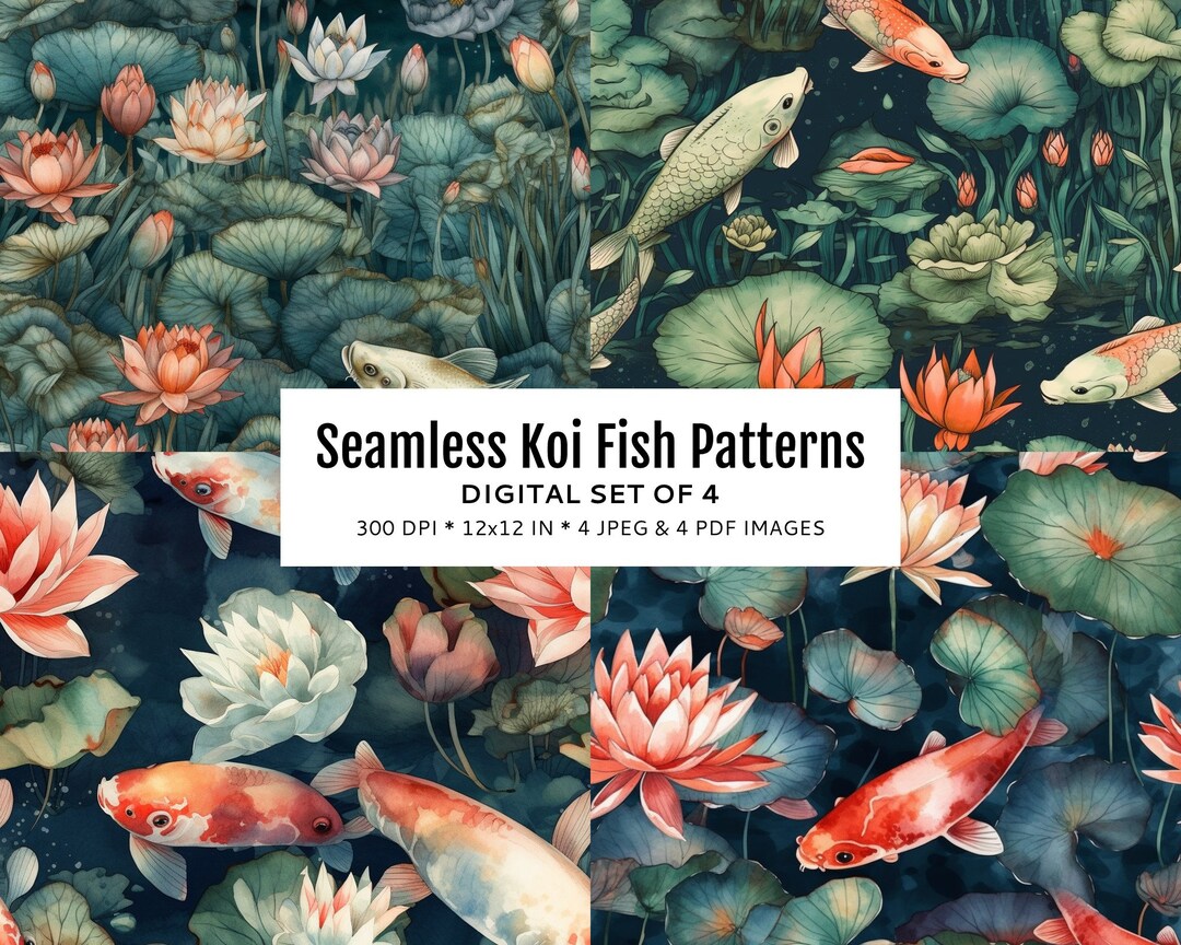 Koi Fish and Water Lilly Pattern, Seamless Printable Koi Fish Pattern ...