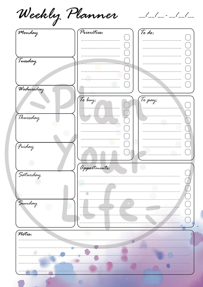Printable Purple Weekly Planner, A4, A5, Letter Size, Minimalist Design ...