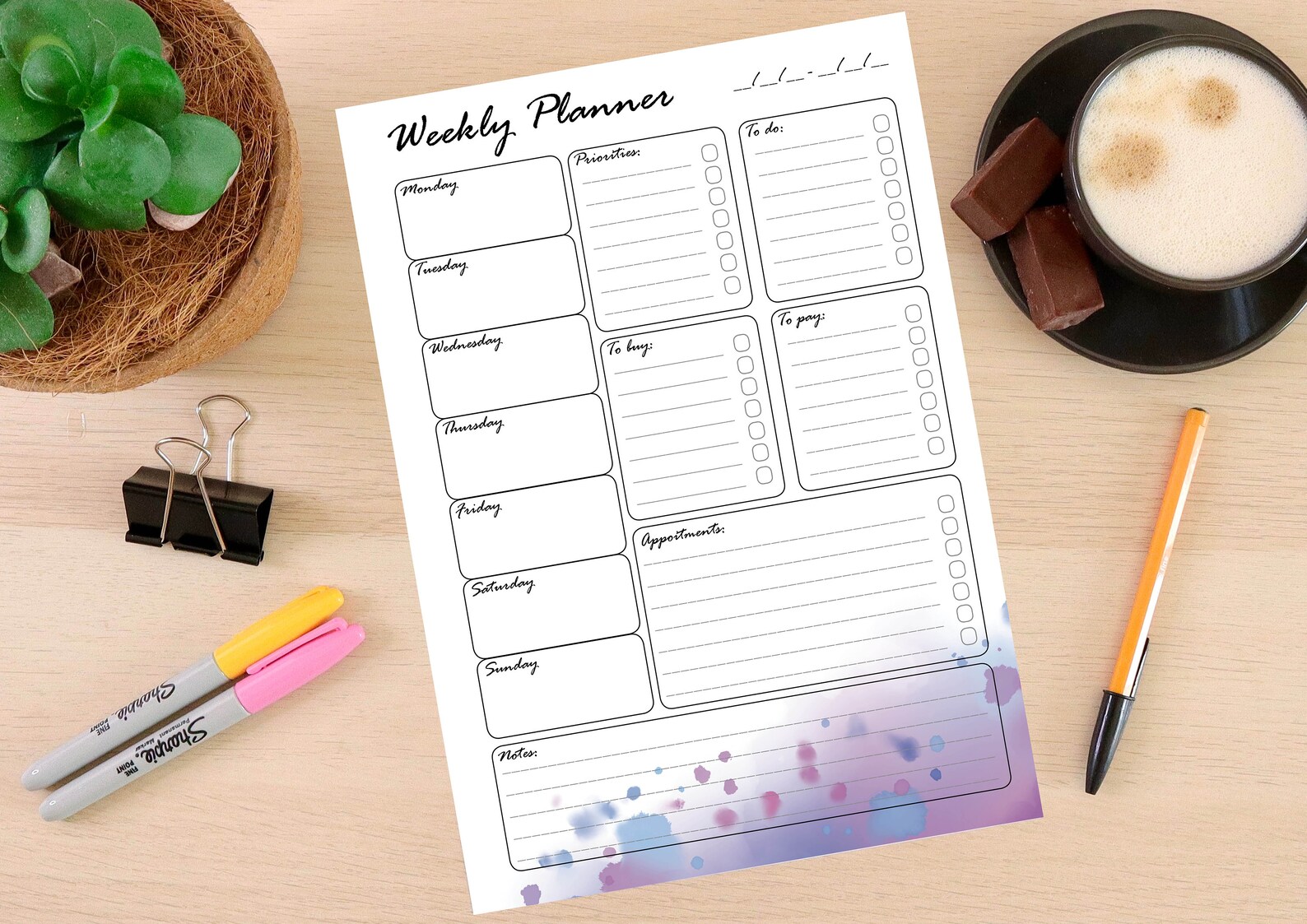 Printable Purple Weekly Planner, A4, A5, Letter Size, Minimalist Design, Weekly Desk Planner, to ...