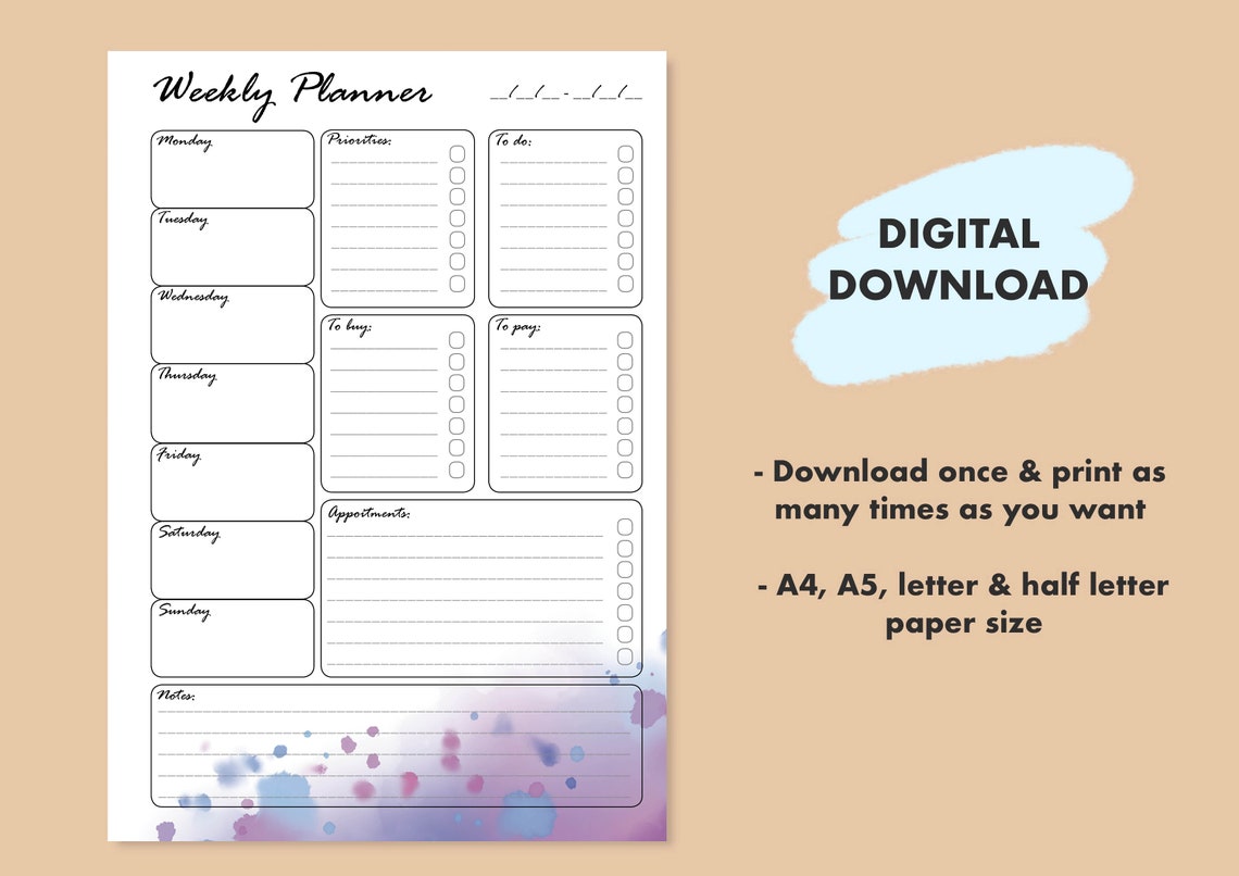 Printable Purple Weekly Planner, A4, A5, Letter Size, Minimalist Design ...