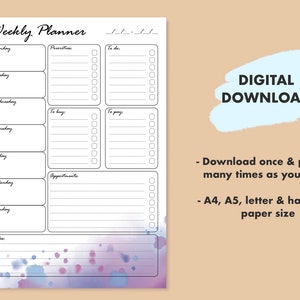 Printable Purple Weekly Planner, A4, A5, Letter Size, Minimalist Design ...