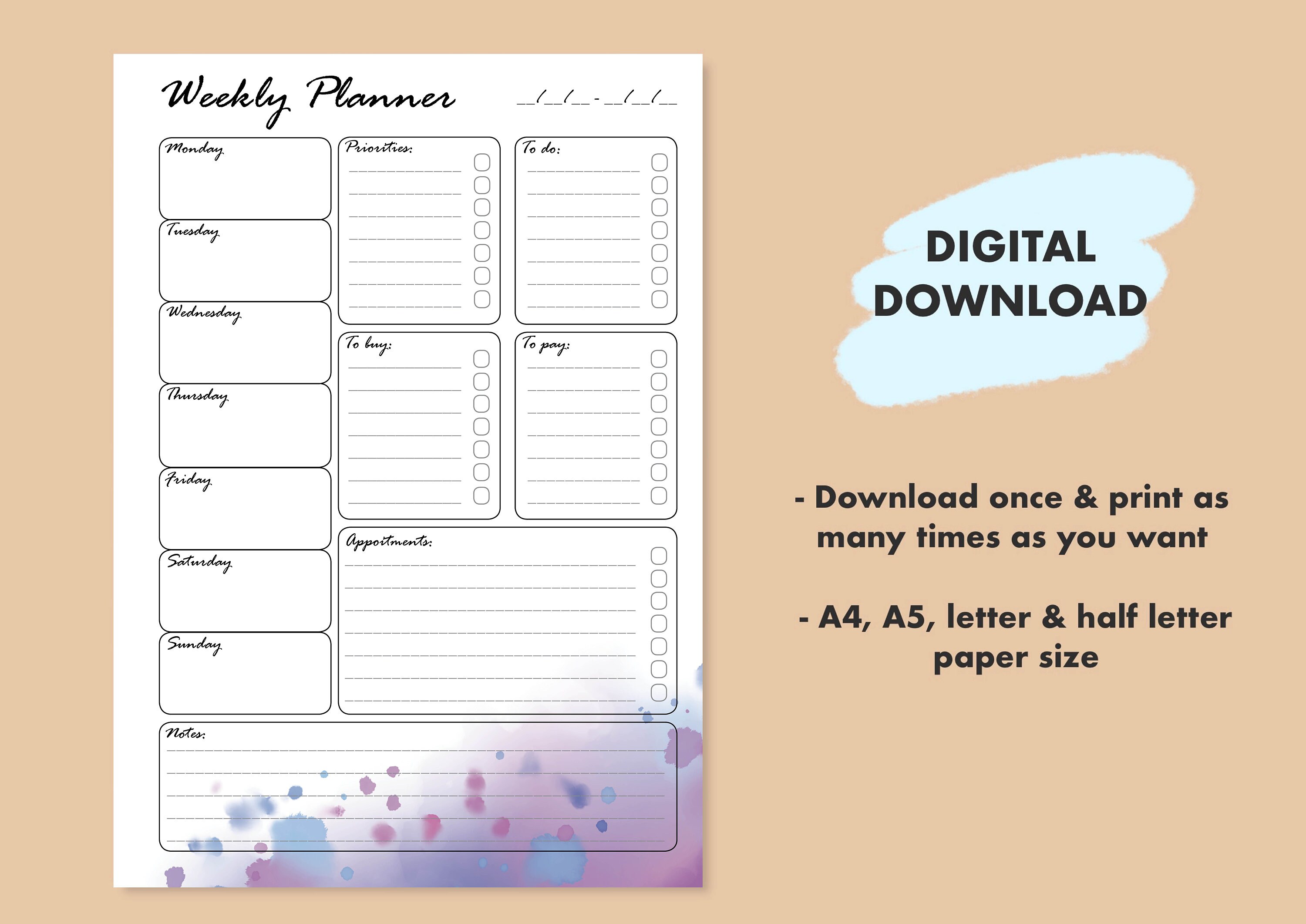 Printable Purple Weekly Planner, A4, A5, Letter Size, Minimalist Design ...