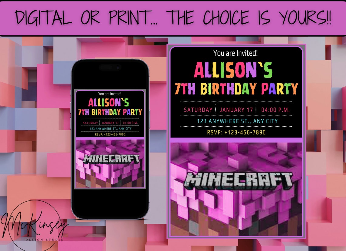 Editable Girl Minecraft Birthday Invitation, PINK Mine Pixel Craft ...