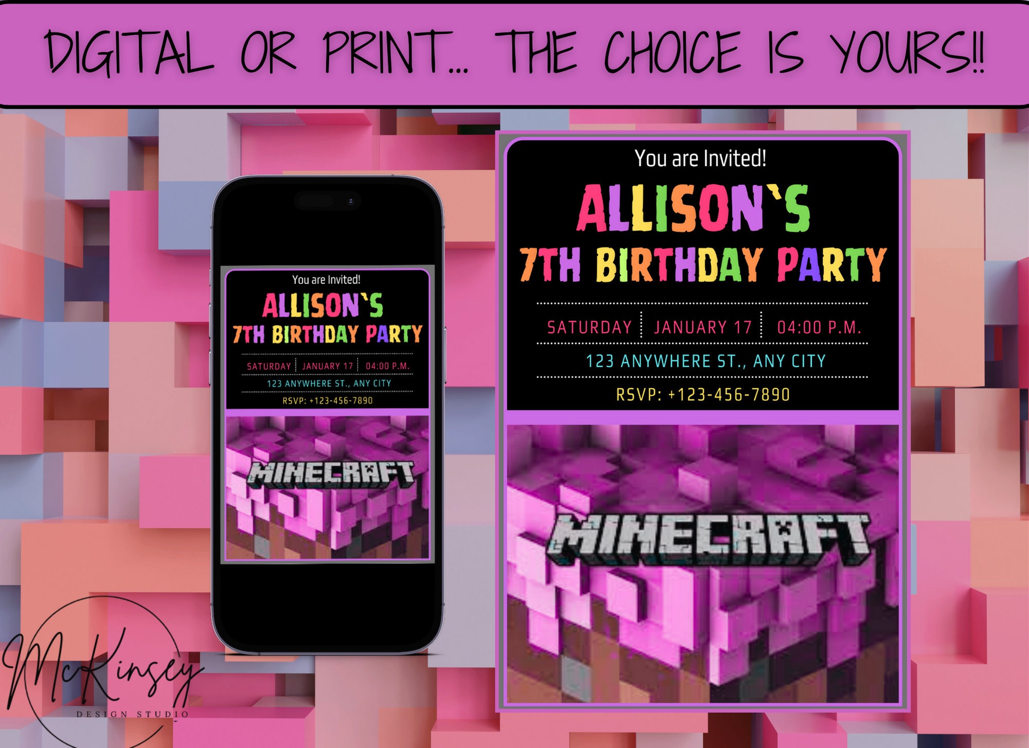 Editable Girl Minecraft Birthday Invitation, PINK Mine Pixel Craft ...