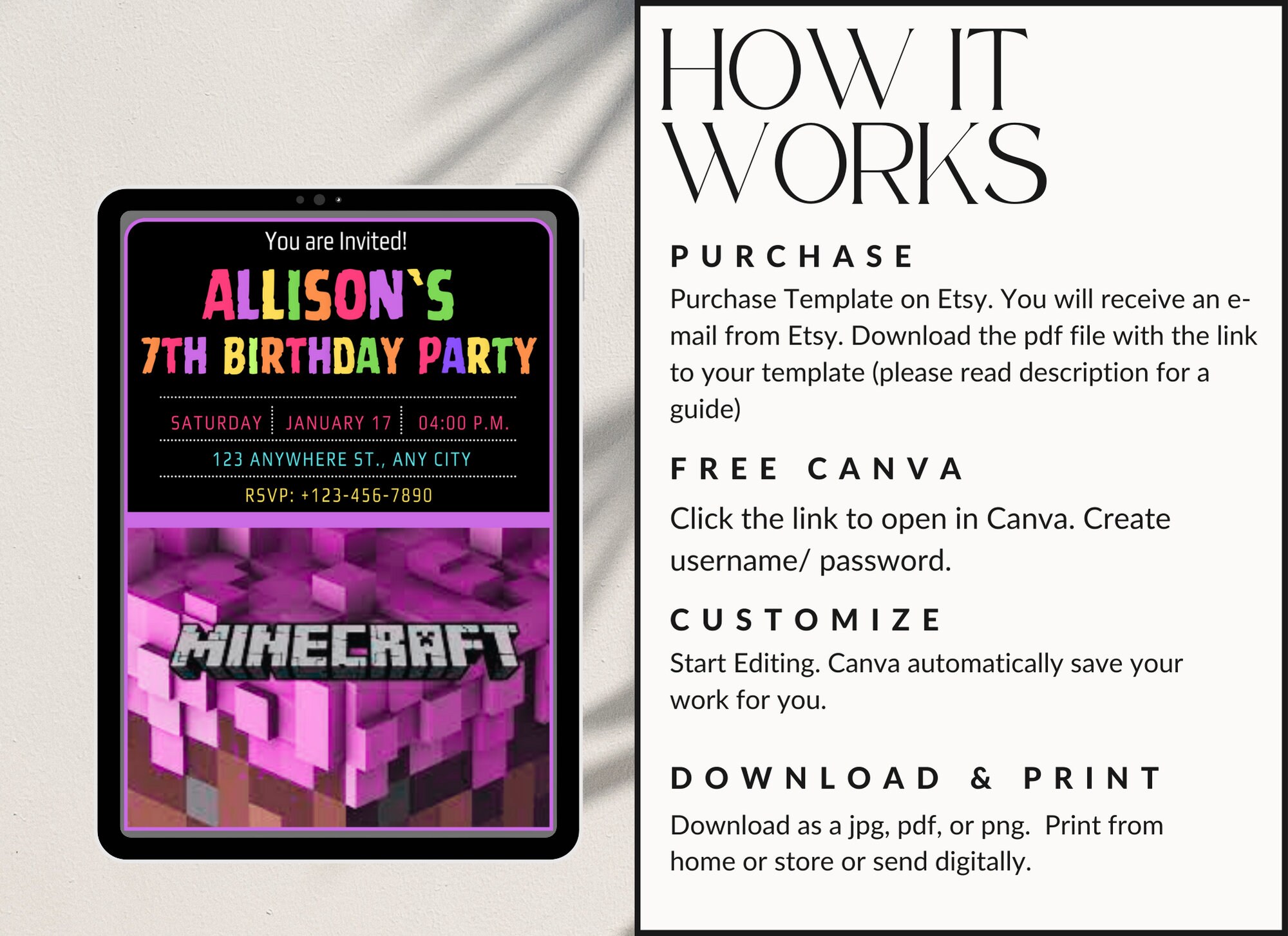 Customizable Girl Minecraft Birthday Invitation - Etsy