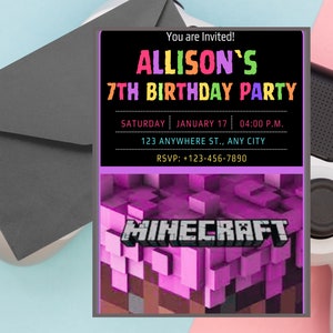 Editable Girl Minecraft Birthday Invitation, PINK Mine Pixel Craft ...