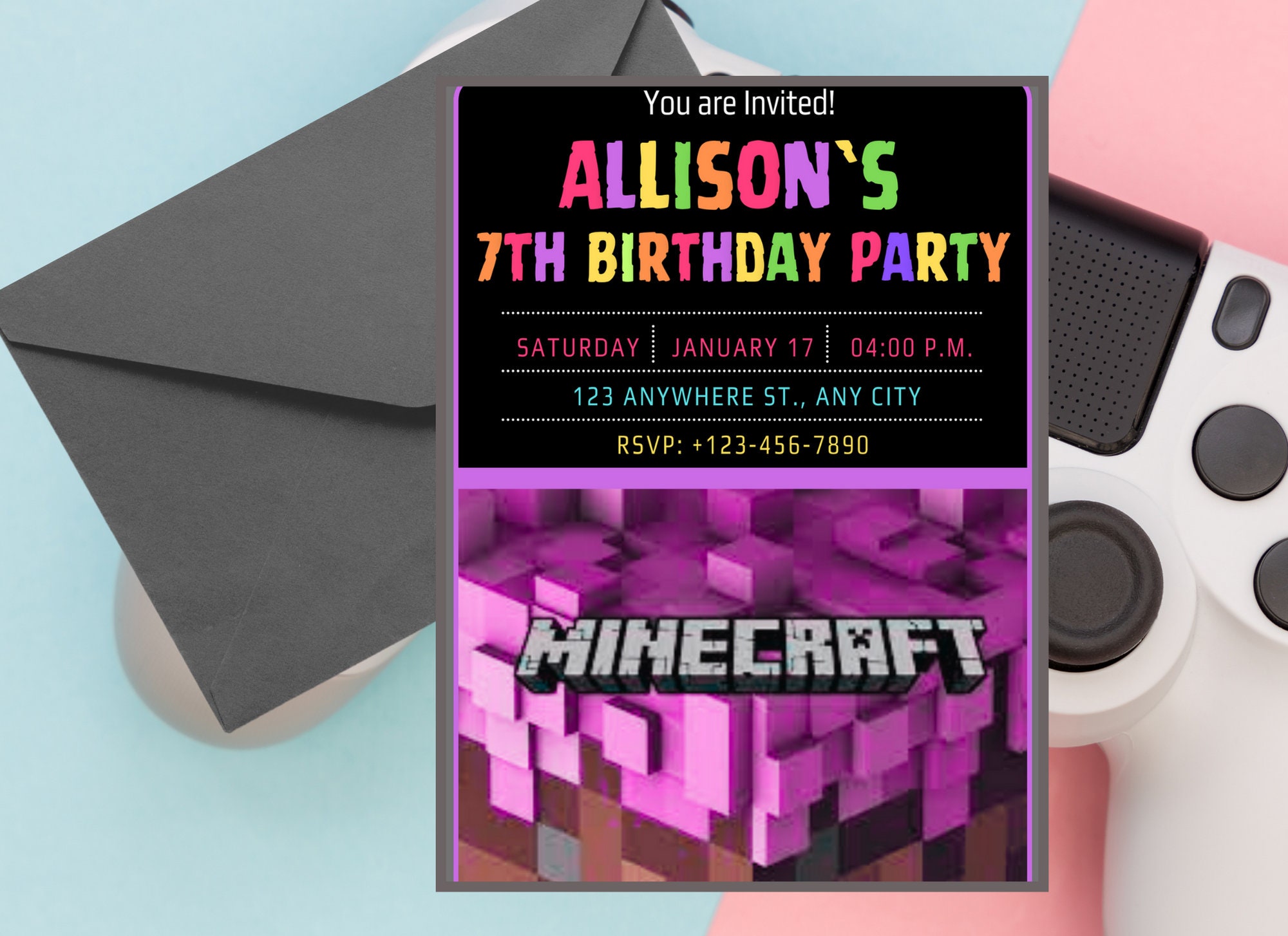 Editable Girl Minecraft Birthday Invitation, PINK Mine Pixel Craft ...