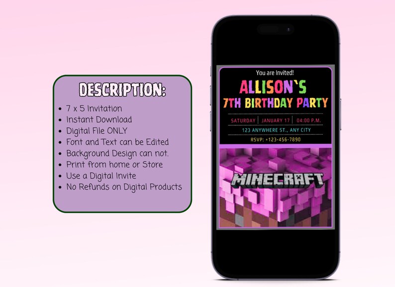 Editable Girl Minecraft Birthday Invitation, PINK Mine Pixel Craft ...
