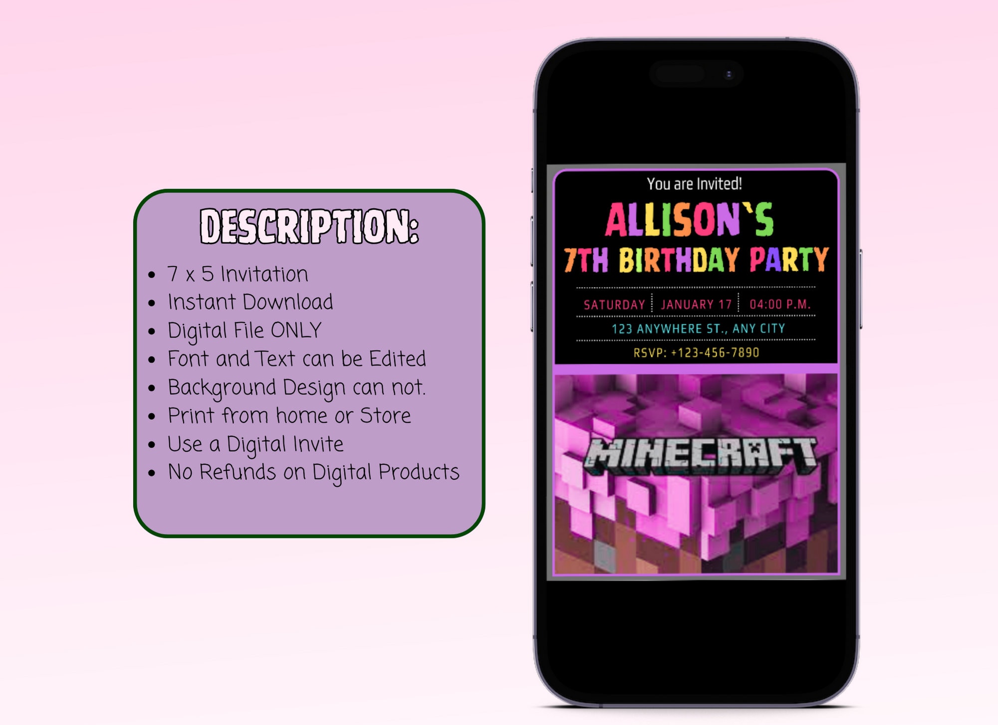 Editable Girl Minecraft Birthday Invitation, PINK Mine Pixel Craft ...