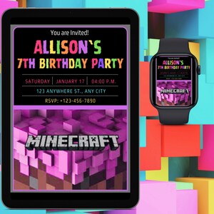 Editable Girl Minecraft Birthday Invitation, PINK Mine Pixel Craft ...