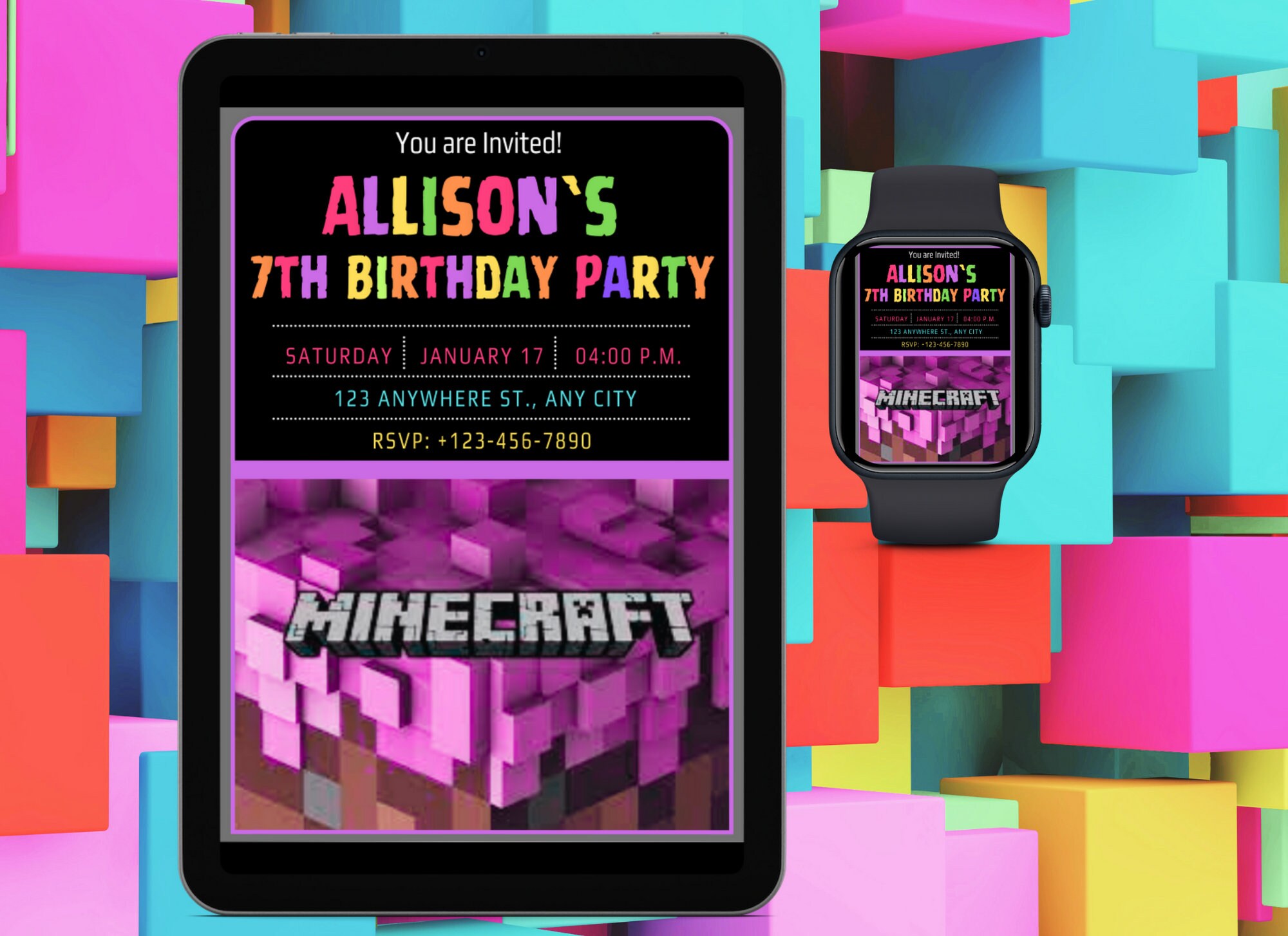 Editable Girl Minecraft Birthday Invitation, PINK Mine Pixel Craft ...