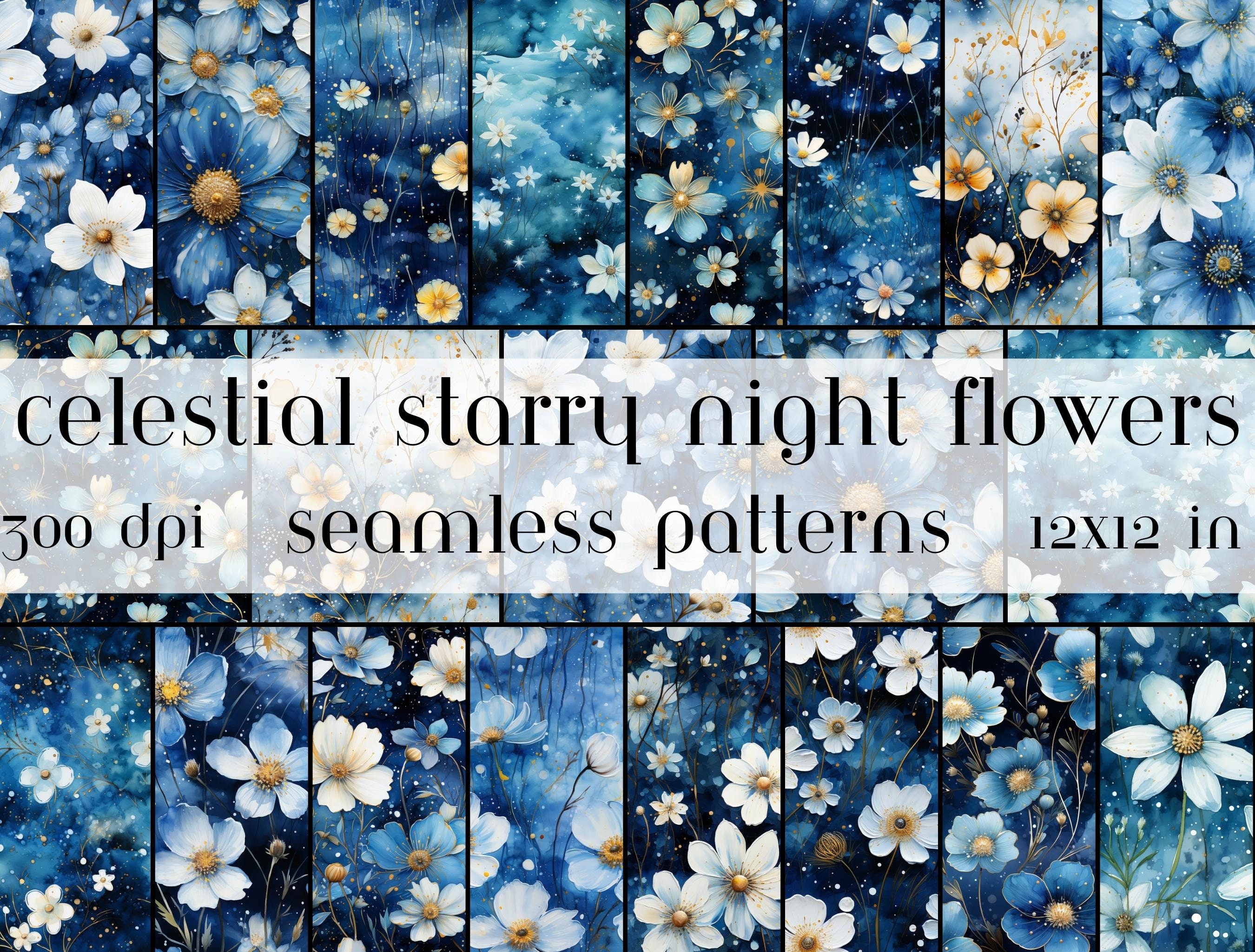 Celestial Starry Night Flowers Seamless Patterns Steampunk Digital ...
