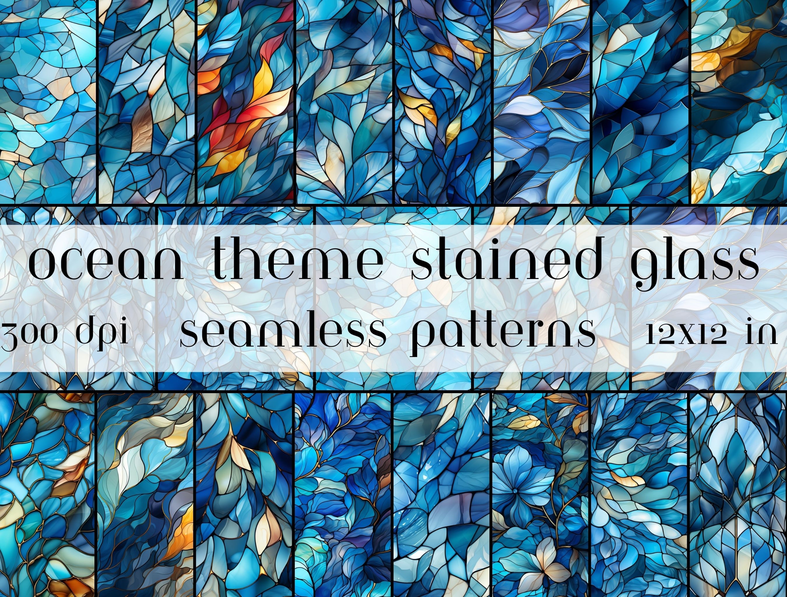 Ocean Theme Stained Glass SEAMLESS Patterns Glass Wrapping Digital ...