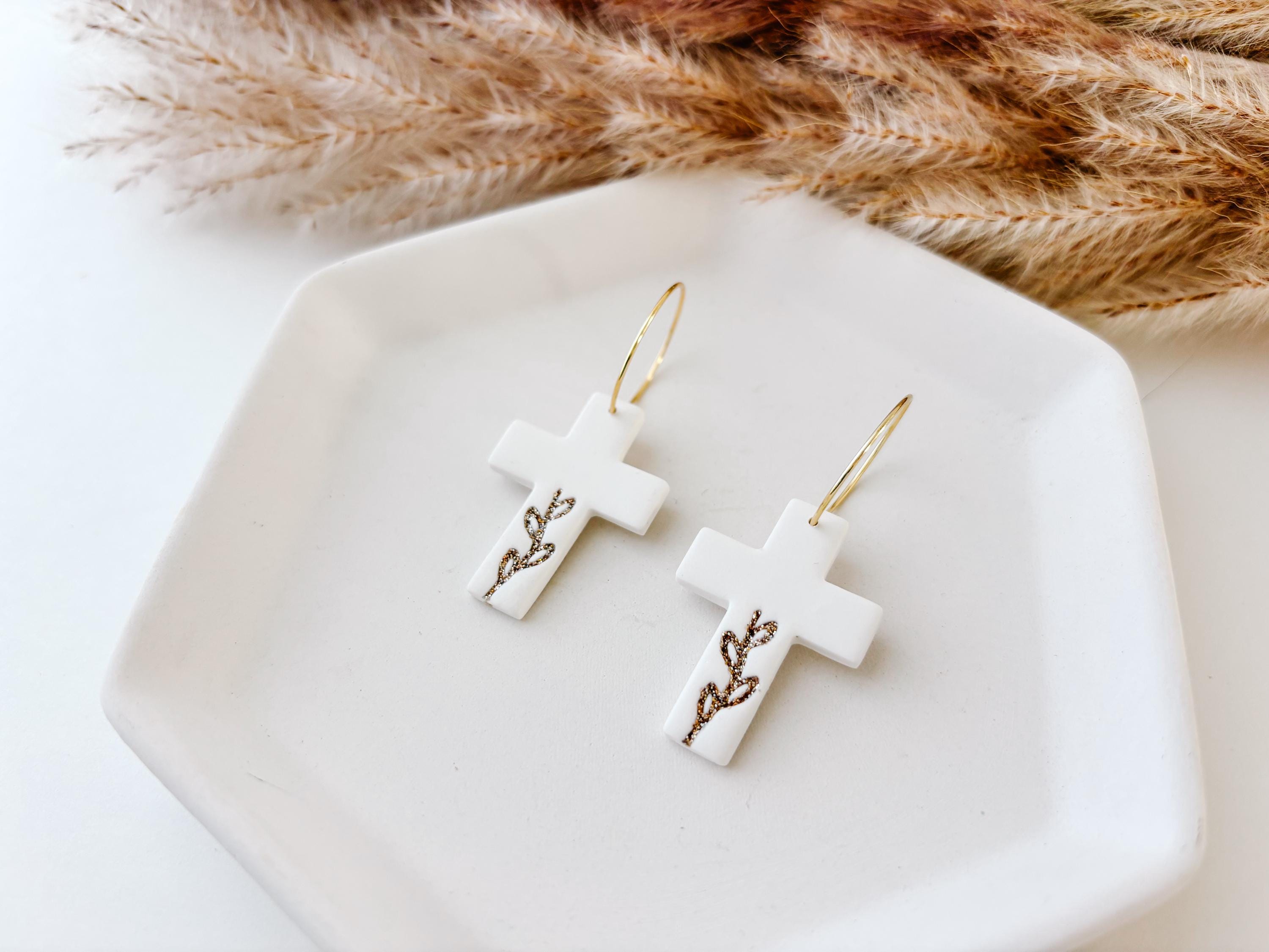 Cross Hoop Earring Christian Cross Dangle Earring Polymer Clay Cross ...