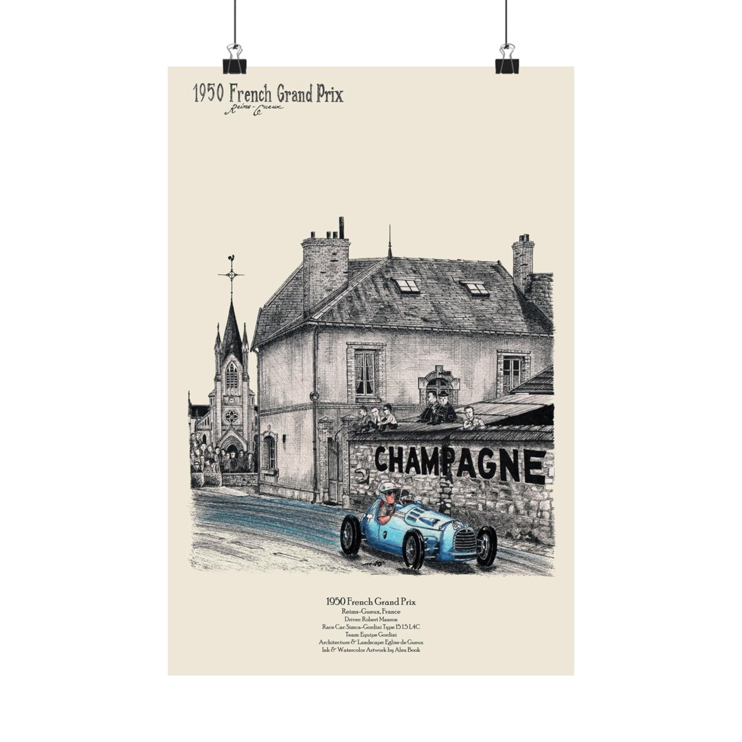 1950 French Grand Prix Reims Vintage Poster Gordini Formula Racing Car ...