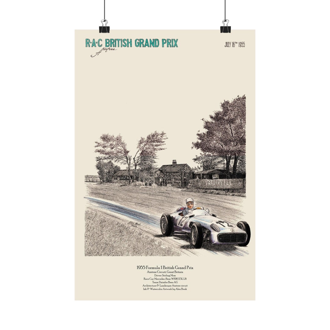 1955 British Grand Prix Vintage Poster Moss Mercedes Formula Racing Art ...