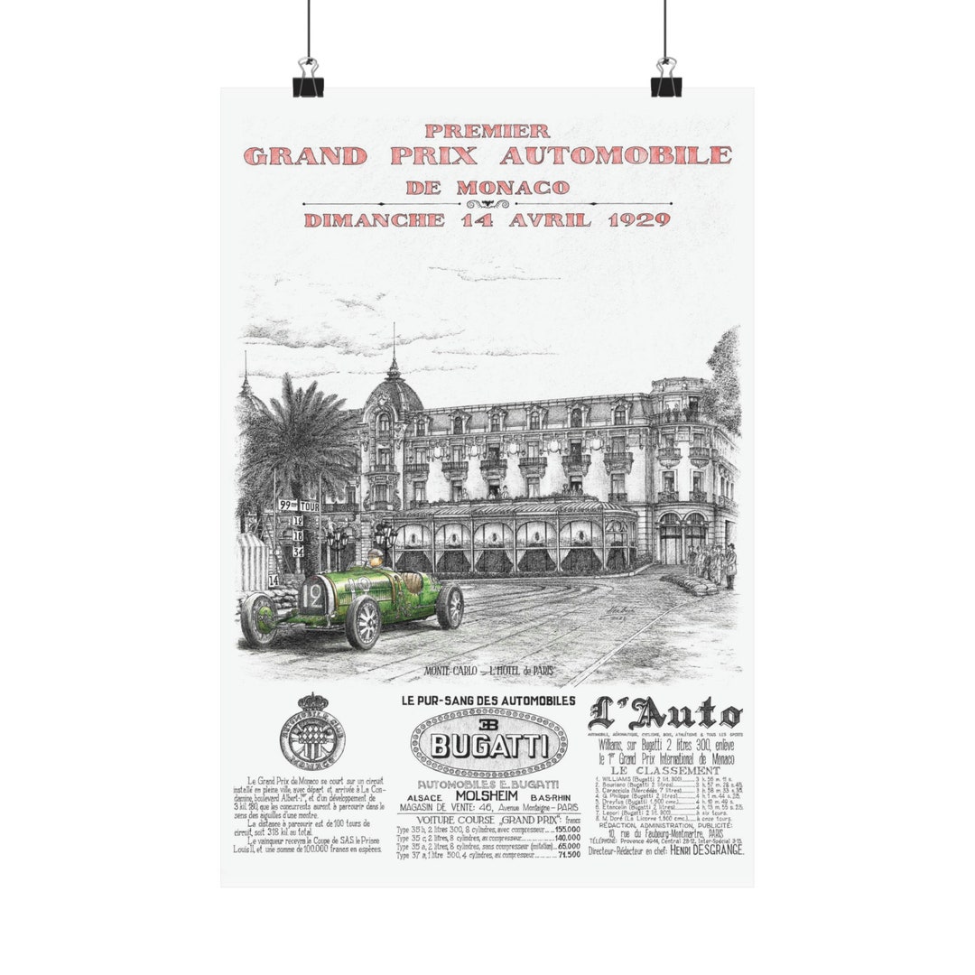 1929 First Monaco Grand Prix Vintage Poster Bugatti Car Racing History ...