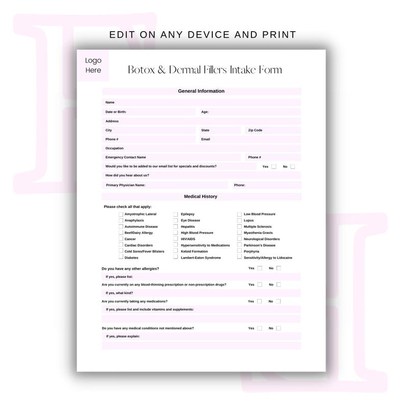 Client Intake Form for Aesthetics, Editable Botox & Filler Templates ...