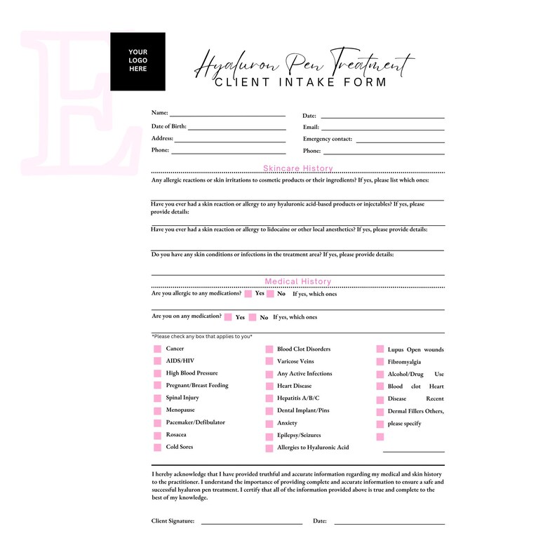 Editable Hyaluron Pen Consent Forms - Intake, Consent, Photo Release ...