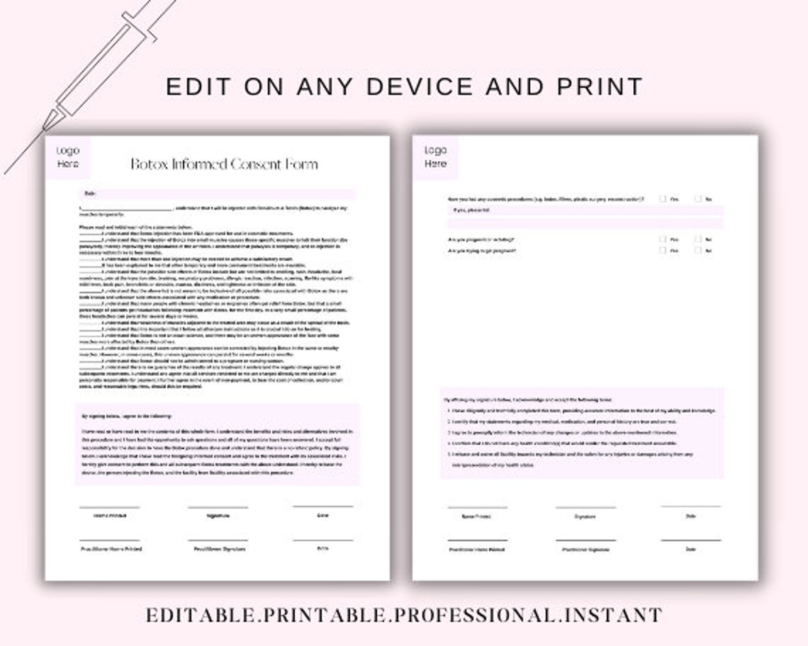 Botox & Dermal Filler Consent, Intake, and Photo Release Formsessential ...